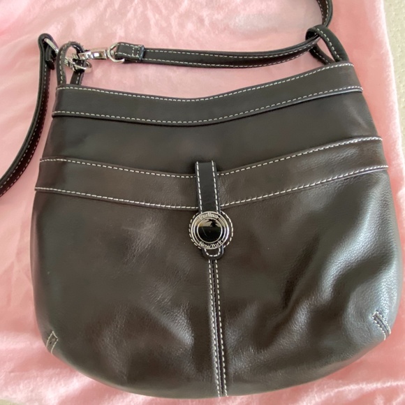 Perlina | Bags | Perlina Crossbody Black Leather W White Stitching ...